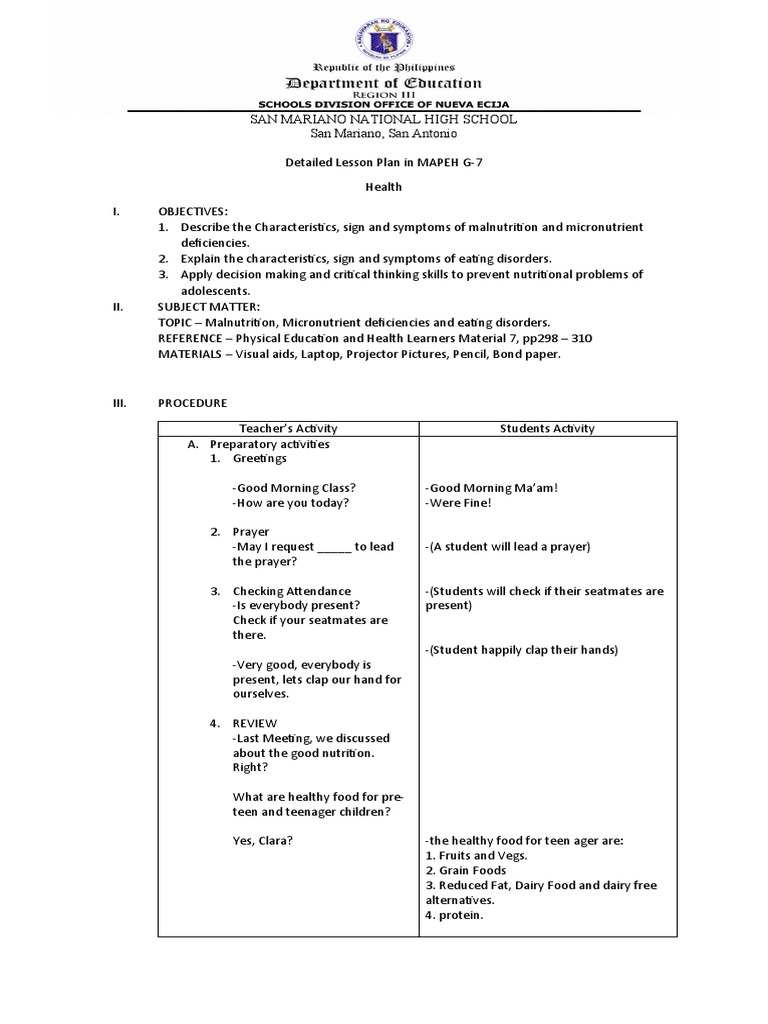 Malnutrition and Eating Disorders Lesson Plan | PDF | Diet (Nutrition ...