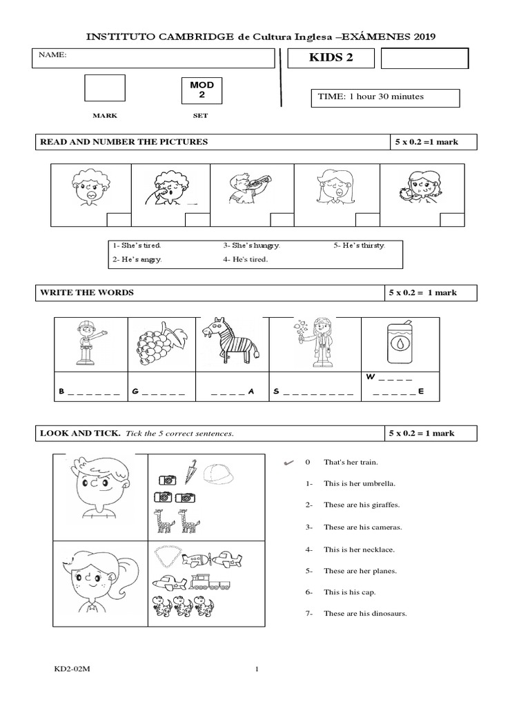 Kids 2: INSTITUTO CAMBRIDGE de Cultura Inglesa - EXÁMENES 2019 | PDF