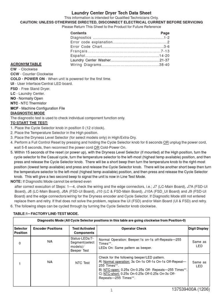 Laundry Center Dryer Tech Data Sheet: NO - Normally Open NTC - NTC ...