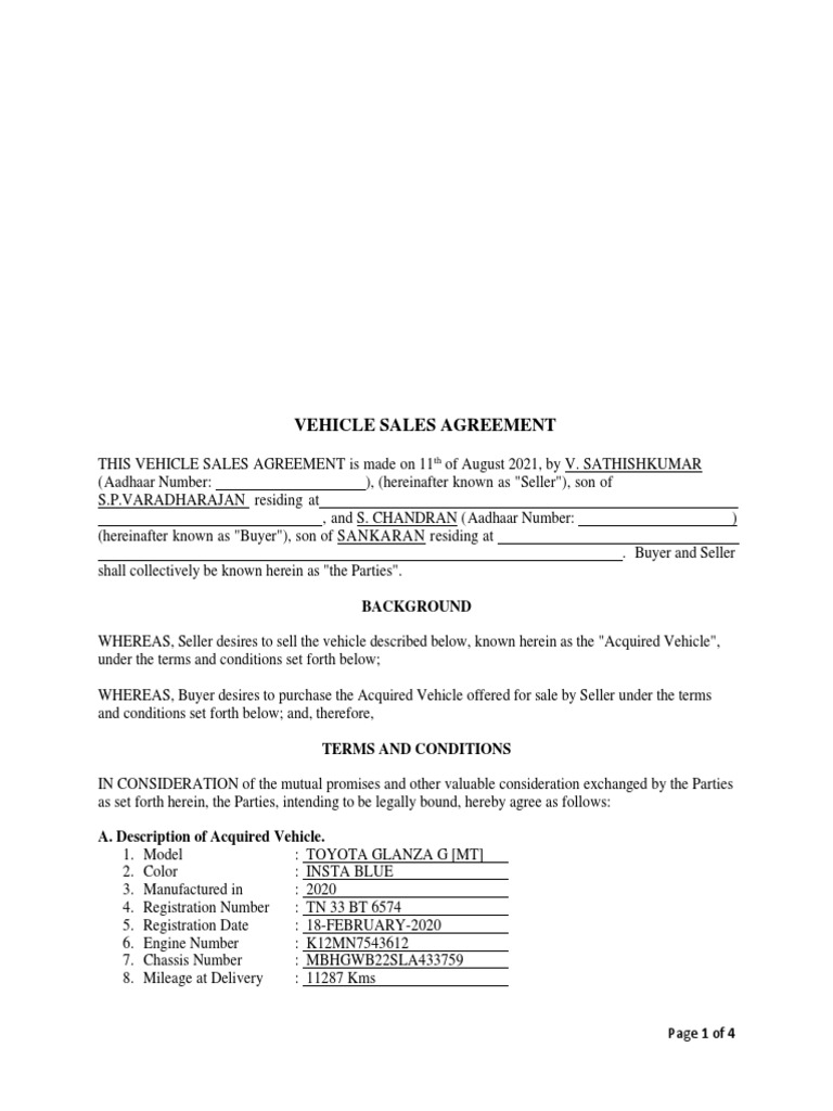 Toyota Glanza Sales Agreement | PDF | Indemnity | Breach Of Contract