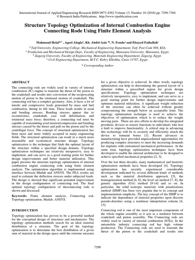 Structure Topology Optimization of Internal Combustion Engine Connecting Rode Using Finite ...