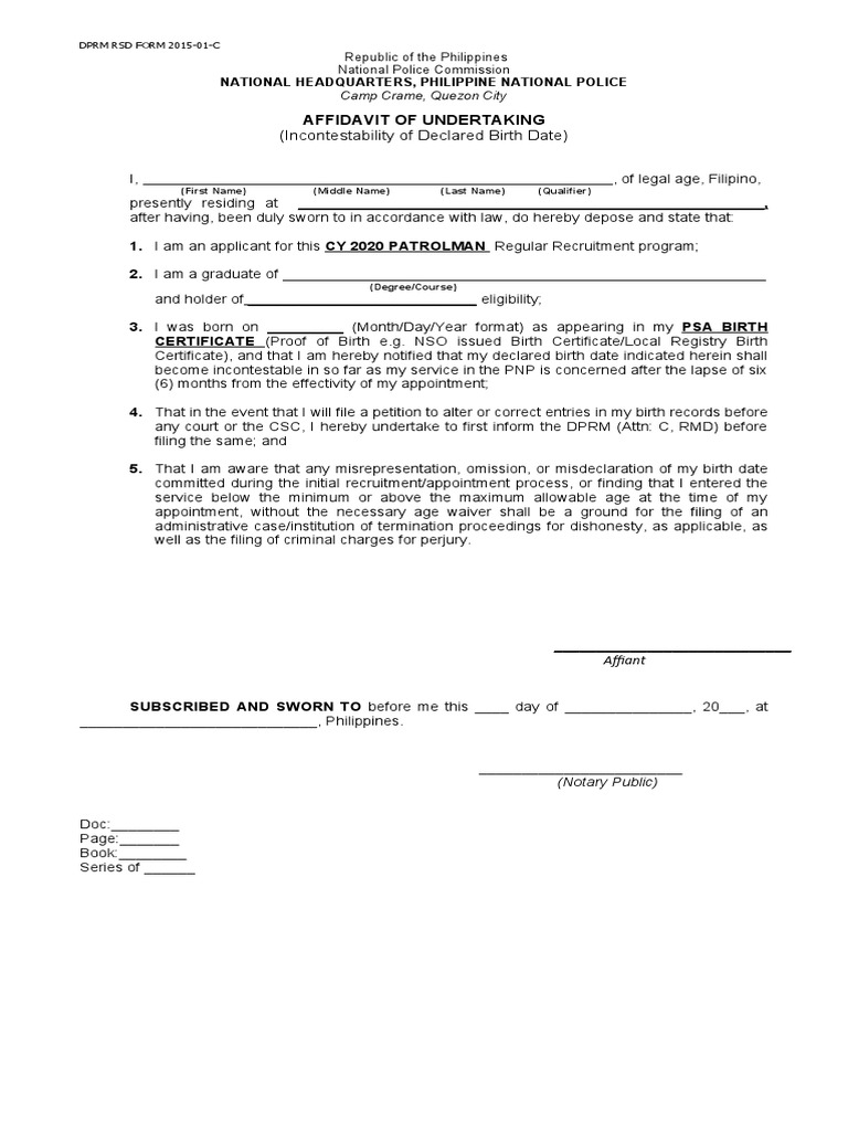 Affidavit of Undertaking (Incontestability of Declared Birth Date ...
