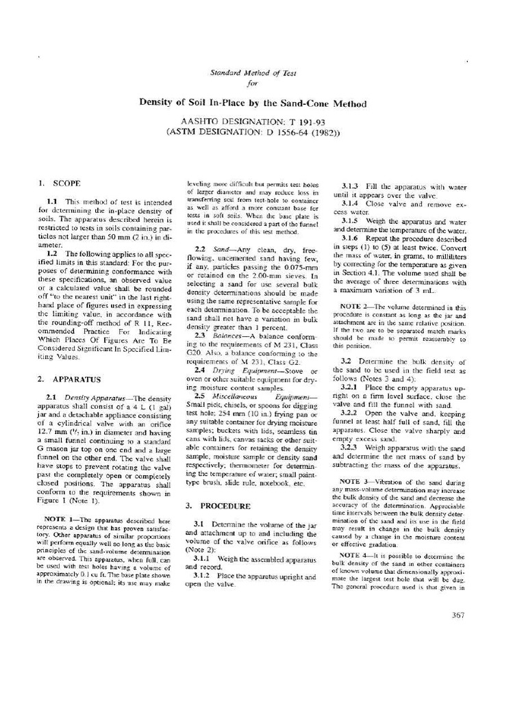 AASHTO t191 Sand Replacement | PDF