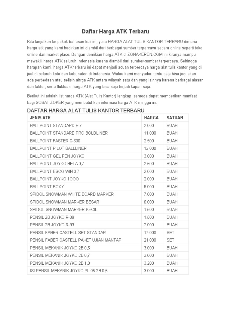 Daftar Harga ATK Terbaru | PDF