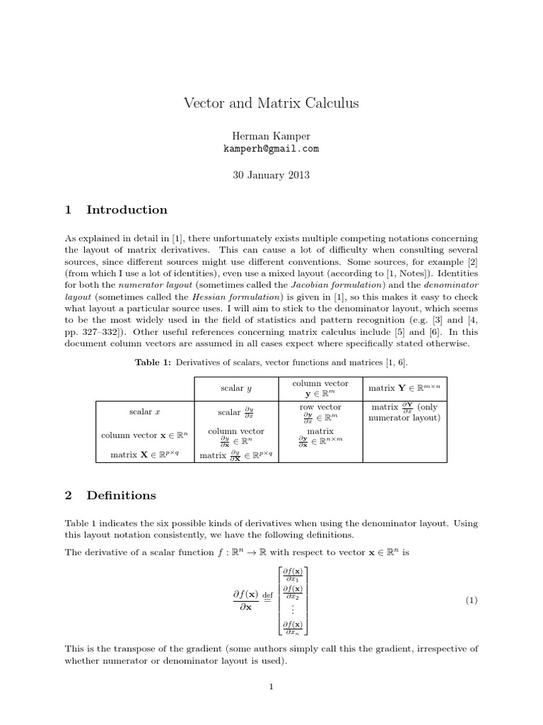Vector and Matrix Calculus: Herman Kamper 30 January 2013 | PDF ...
