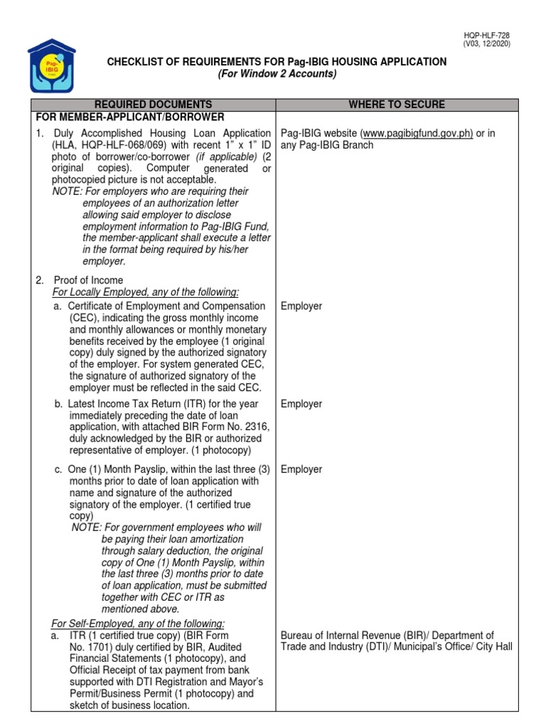 Checklist of Requirements For Pag-Ibig Housing Application | PDF ...