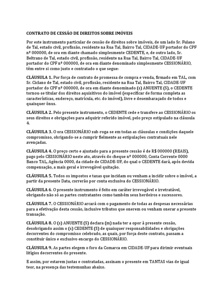 Modelo De Contrato De Cessão De Direito Sobre Imovel Pdf
