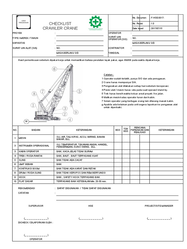 Form Checklist Inspeksi Crawler Crane (Sfile | PDF