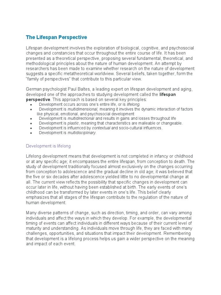 The Lifespan Perspective | PDF | Adolescence | Psychological Concepts