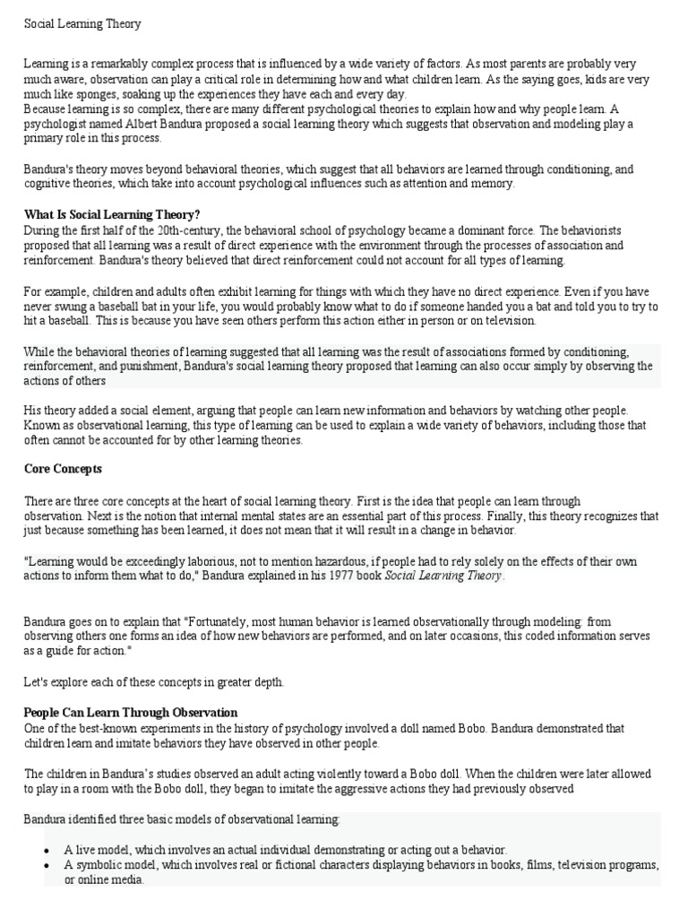 Social Learning Theory | PDF | Cognitive Development | Learning