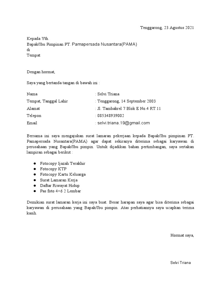 Surat Lamaran Kerja Selvi | PDF