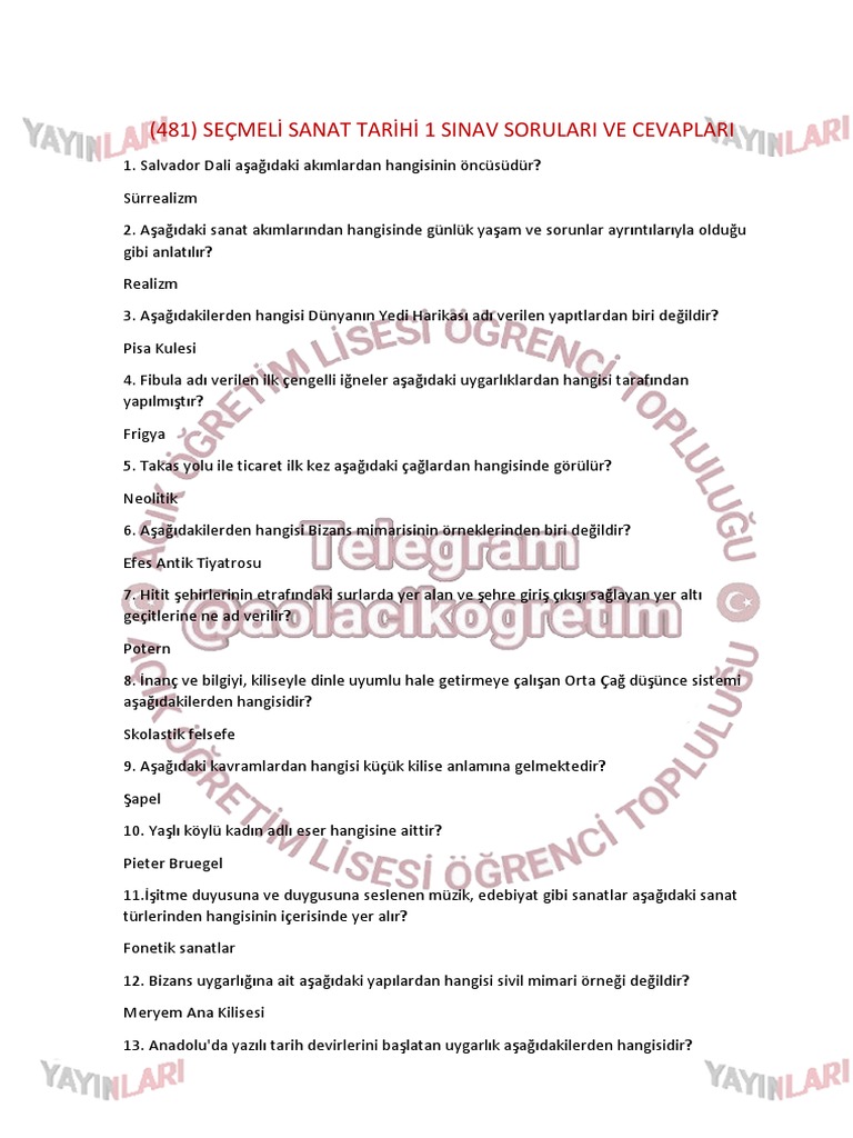 Secmeli Sanat Tarihi 1 Sinav Sorulari | PDF