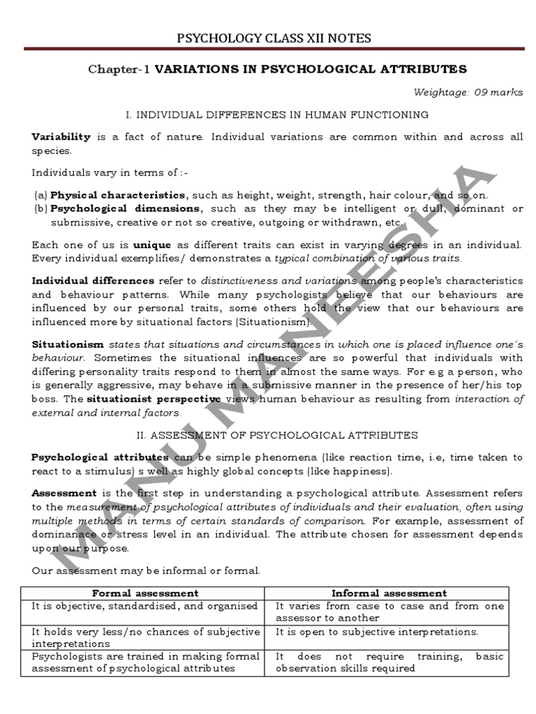 Psychology Class Xii Notes: Chapter-1 Variations in Psychological ...