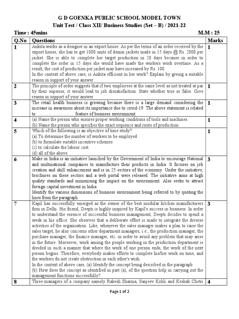 G D Goenka Public School Model Town Unit Test / Class XII/ Business ...