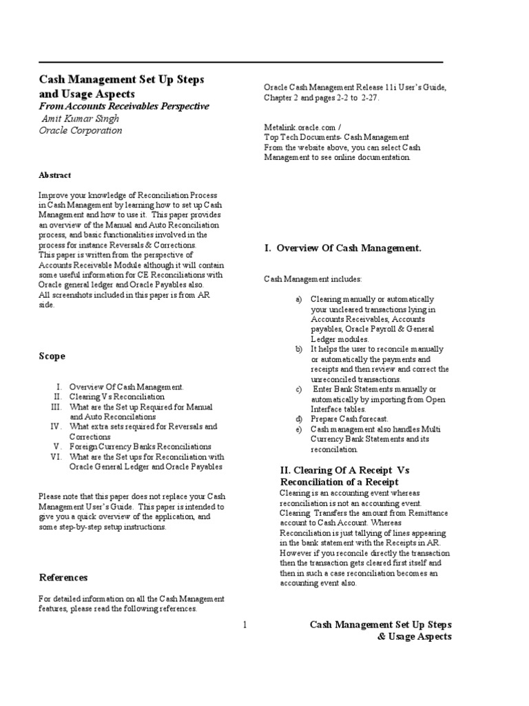 Cash Management Setup | PDF | Receipt | Debits And Credits