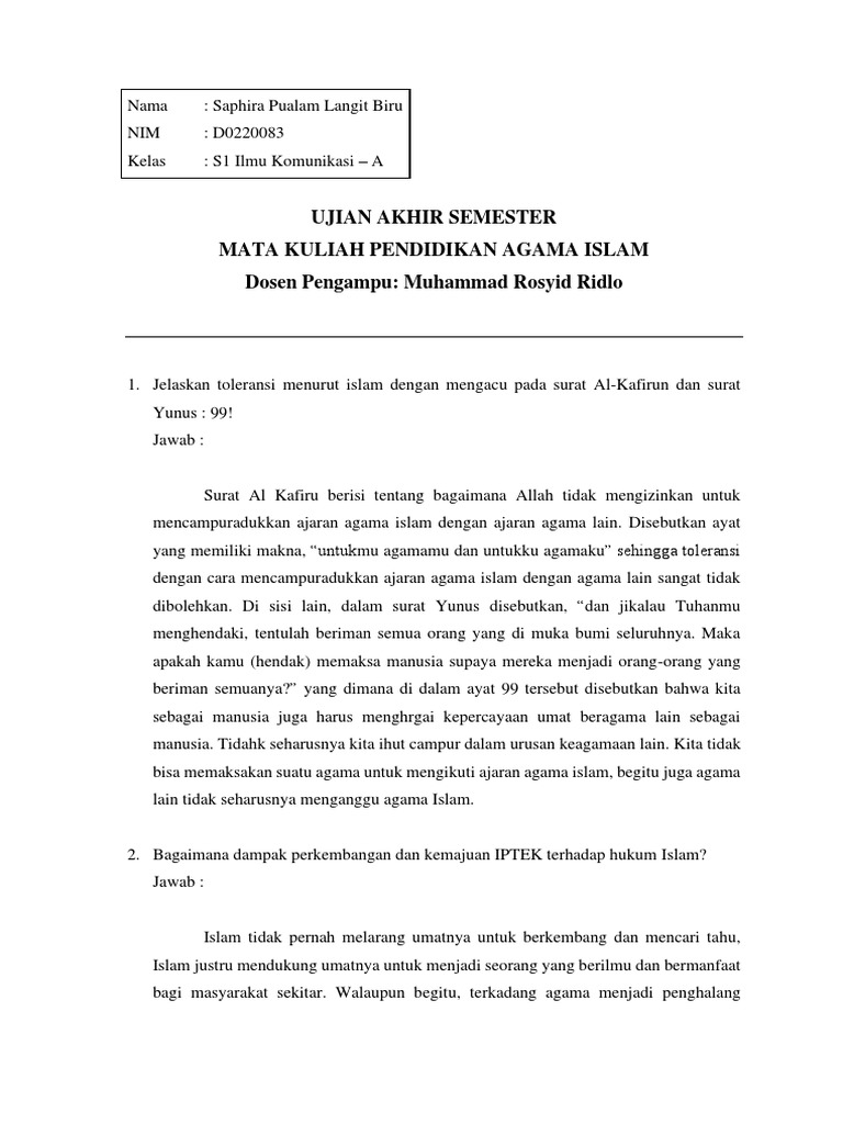 Saphira Pualam Langit Biru - D0220083 - UAS Agama | PDF | Agama & Spiritualitas