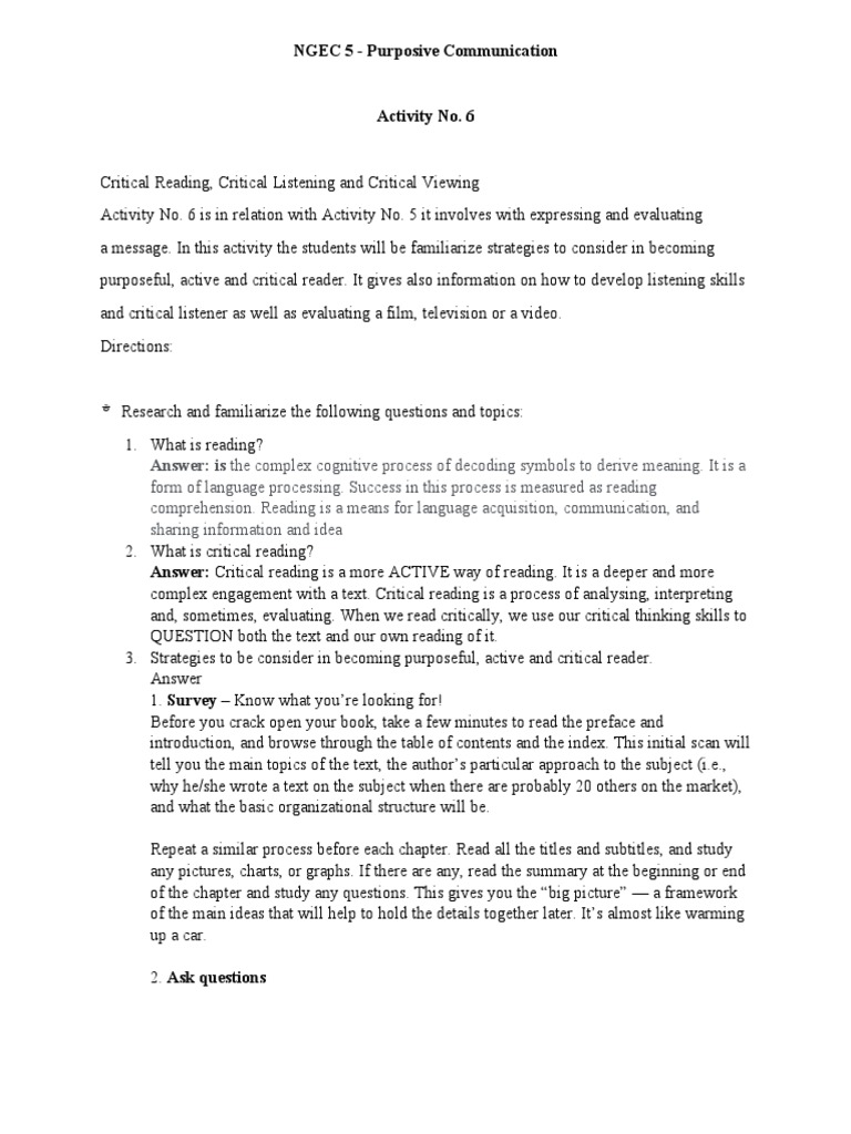 Critical Skills in Reading, Listening, Viewing | PDF ...
