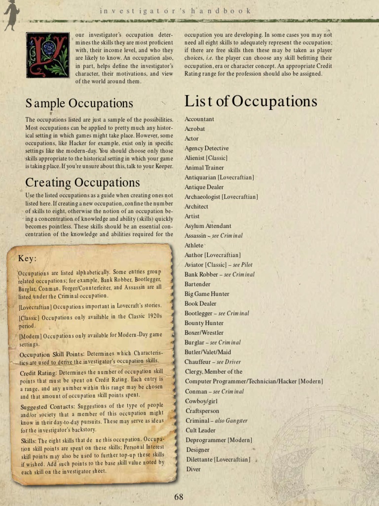 Short Occupations CoC 7th Ed | PDF