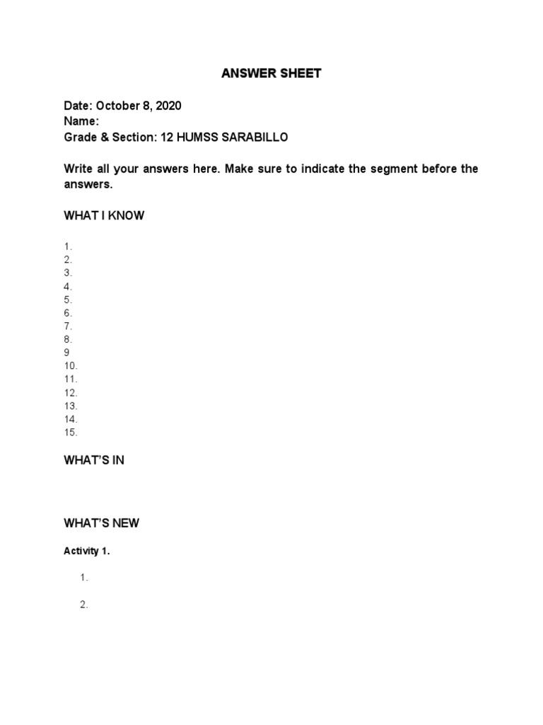 Grade 12 Answer Sheet | PDF | Information | Communication