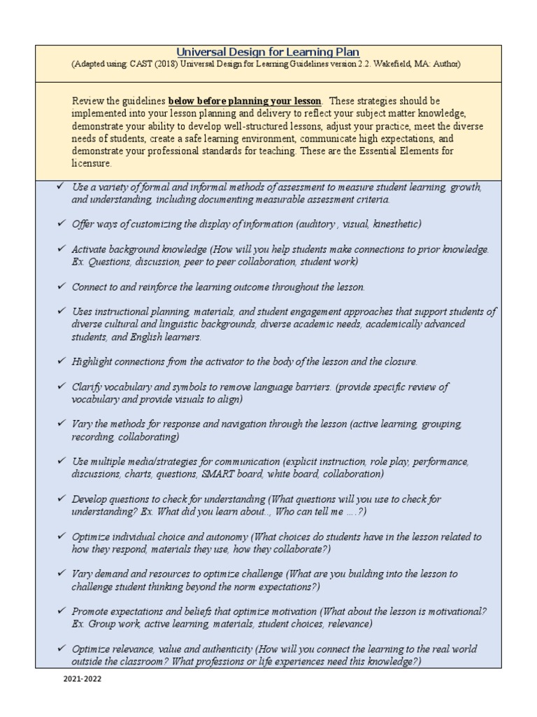 Universal Design For Learning Plan Template | PDF | Educational ...
