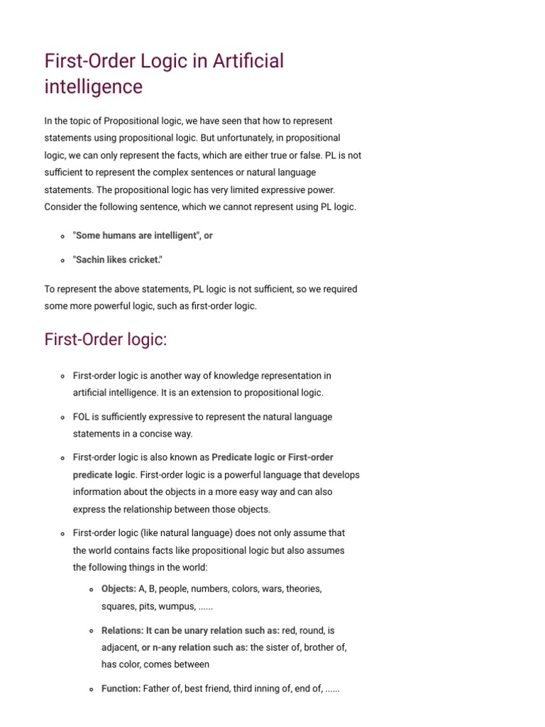 First-Order Logic in Artificial Intelligence - Javatpoint | PDF | First ...