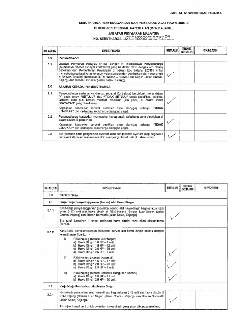 Jadual A - Pematuhan Spesifikasi Teknikal | PDF