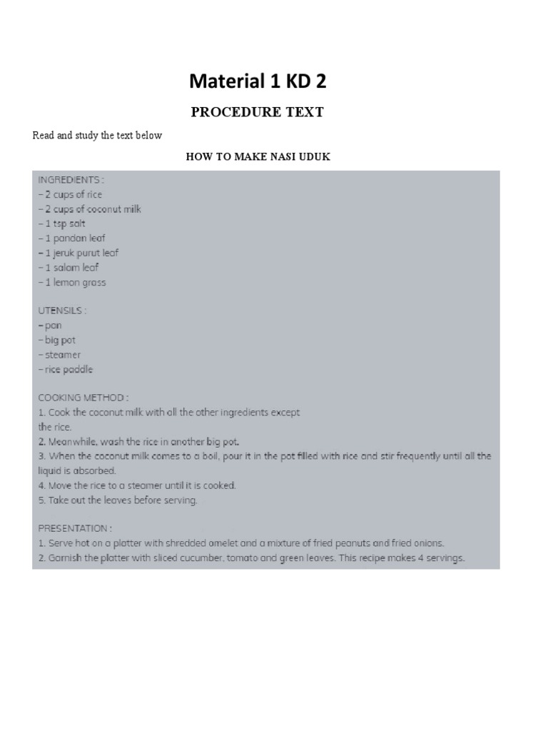Material 1 PROCEDURE TEXT-GENERIC STRUCTURE | PDF | Foods | Cooking