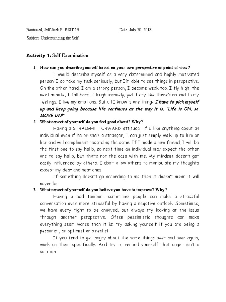 Self Examination: 1. How Can You Describe Yourself Based On Your Own ...