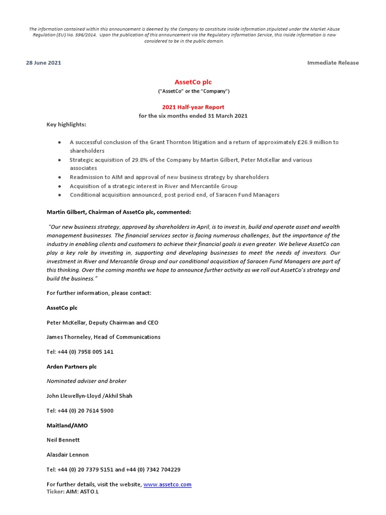 Assetco PLC Interim Announcement March 21 | PDF | Expense | Income ...
