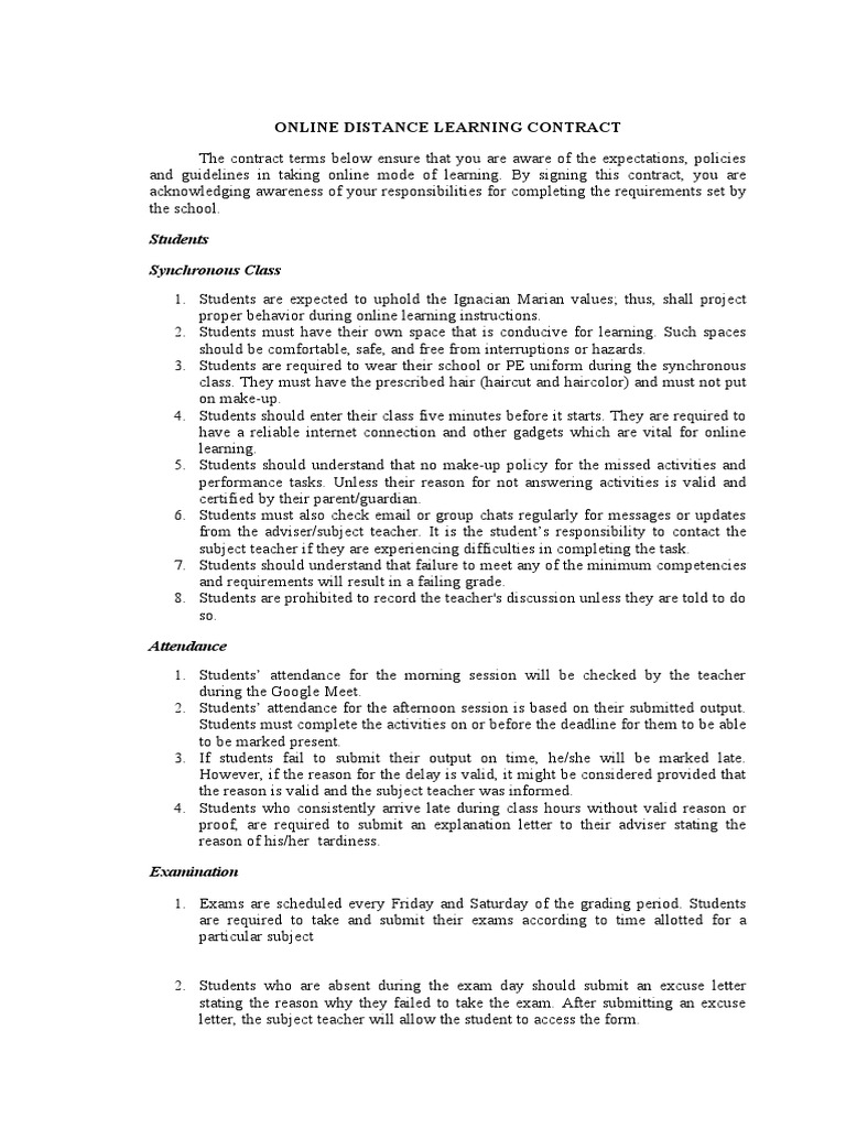 Students Synchronous Class: Online Distance Learning Contract ...