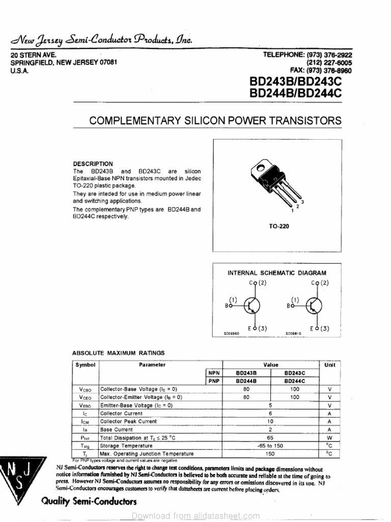 Technical Specification Sheet for Complementary Silicon Power Transistors BD243B/BD243C and ...