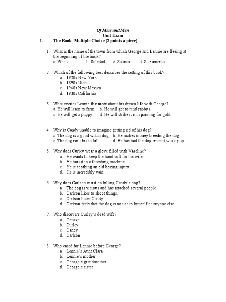 Of Mice and Men Test Questions | PDF | General Fiction