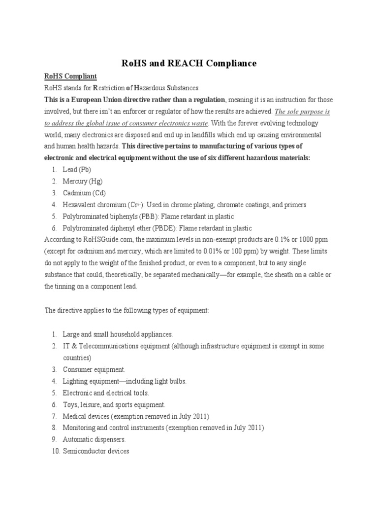 RoHS and REACH Compliance Overview | PDF | Occupational Safety And ...