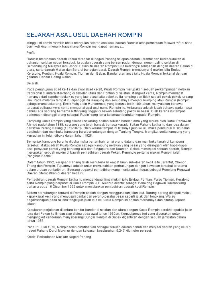 Sejarah Asal Usul Daerah Rompin | PDF