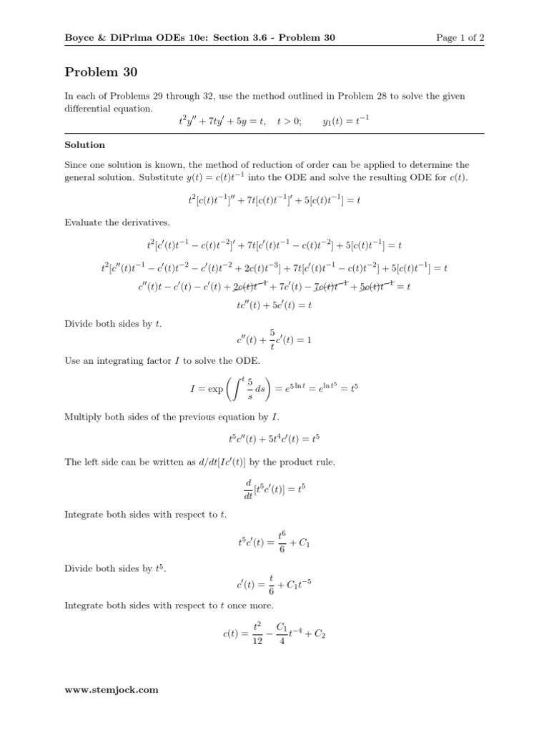 Boyce & DiPrima ODE Problem 30 | PDF | Ordinary Differential Equation ...