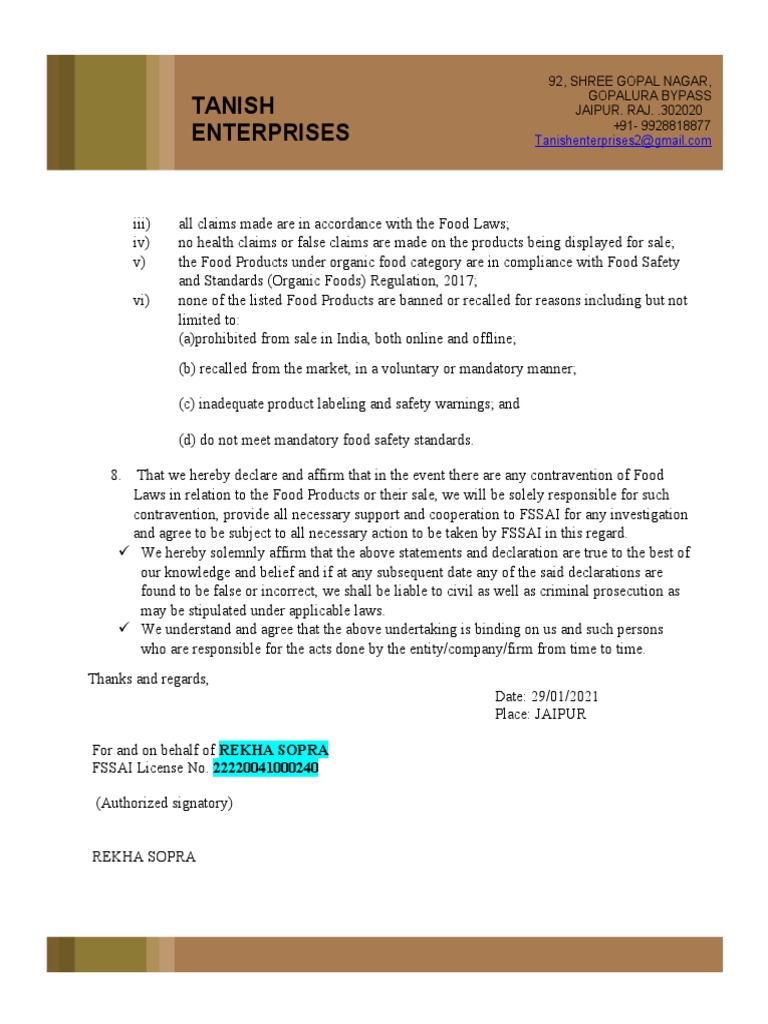 Declaration of compliance for food business | PDF