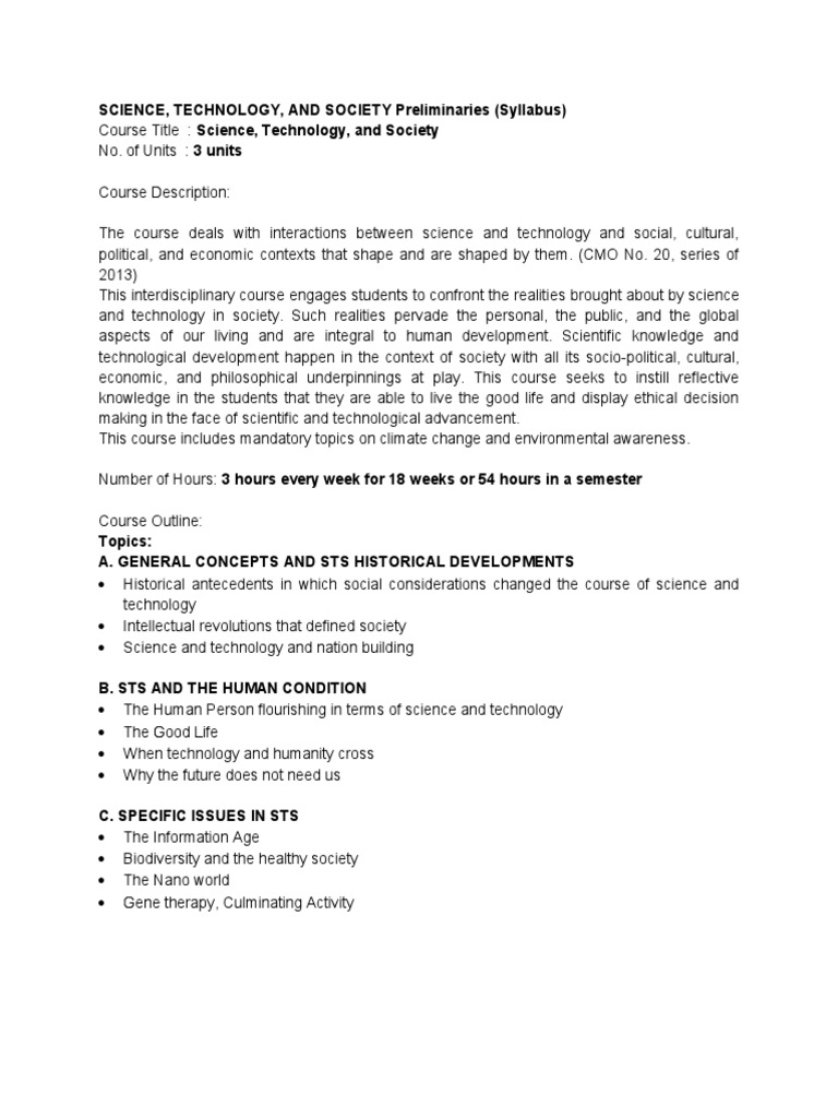 STS Course Syllabus Overview | PDF | Science | Society