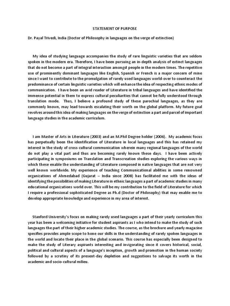 STATEMENT OF PURPOSE - Sample | PDF | Linguistics | Doctor Of Philosophy
