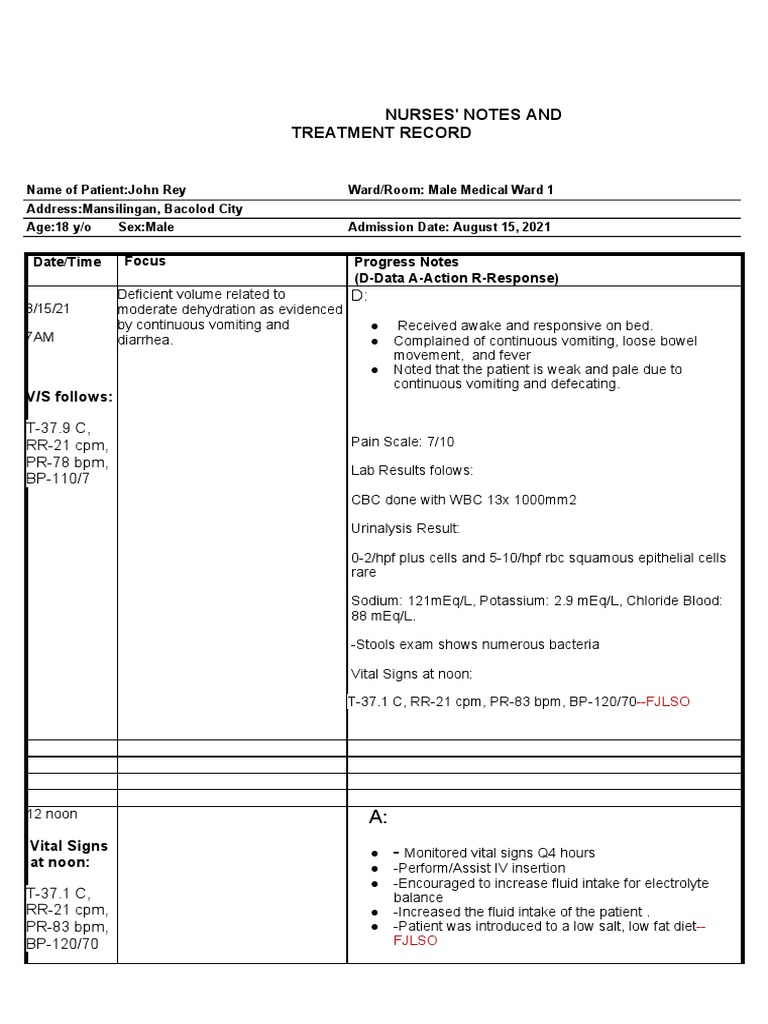 Nurses' Notes and Treatment Record: Date/Time Focus Progress Notes (D ...