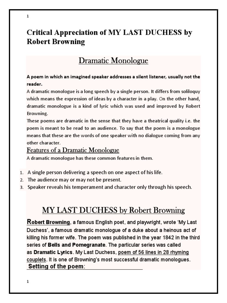 Dramatic Monologue: Critical Appreciation of MY LAST DUCHESS by Robert ...