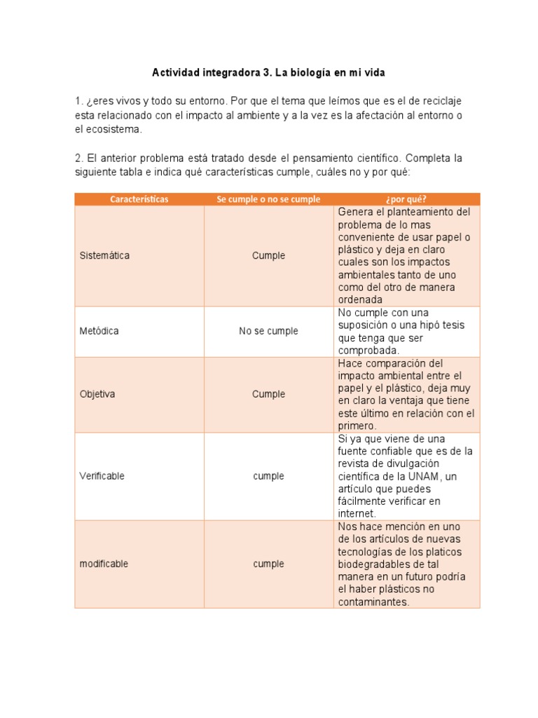 Actividad Integradora 3. La Biología en Mi Vida: Características Se Cumple o No Se Cumple ¿Por ...
