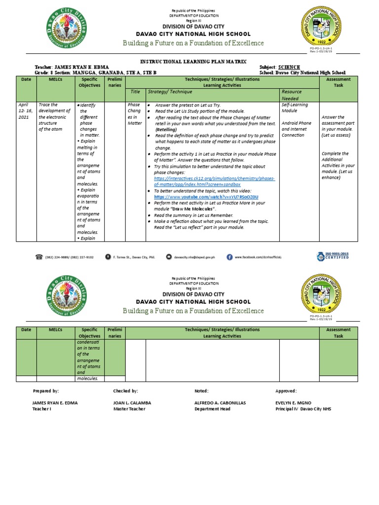 Instructional Learning Plan Matrix M - 4 | PDF | Education Theory ...