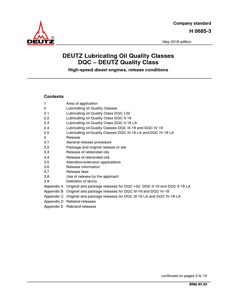 DEUTZ Engine Oil Quality Specifications | PDF | Motor Oil | Engines