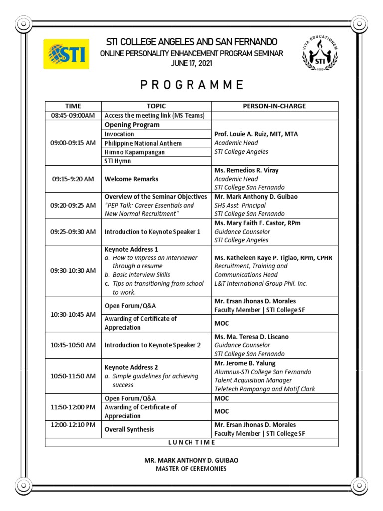 STI College PEP Seminar Program Flow 2021T2 | PDF