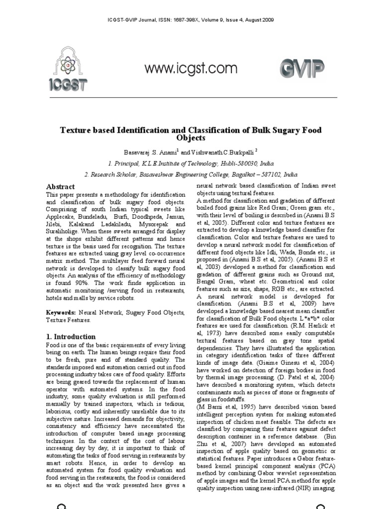 Texture Based Identification And Classification Of Bulk Sugary Food Objects Using Neural