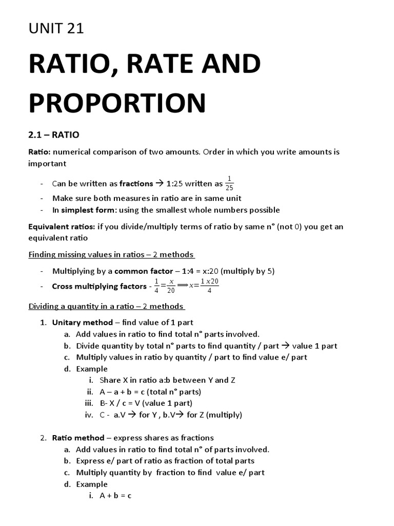 Unit 21 - Ratio, Rate and Proportion | PDF | Ratio | Speed