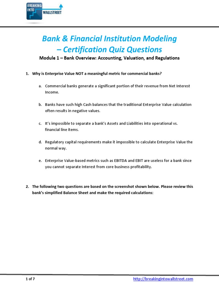 Bank & Financial Institution Modeling - Certification Quiz Questions ...