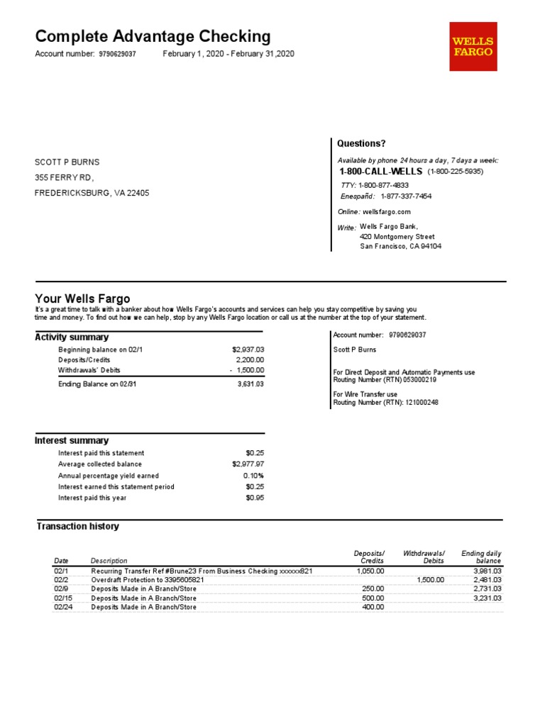 Wells Fargo Bank Statement | PDF | Banking | Transaction Account