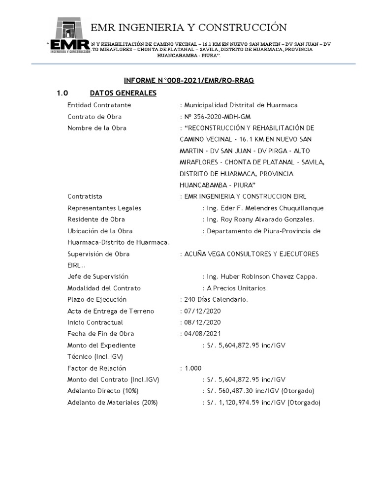 Informe Del Residente de Obra Febrero 2021 | PDF | Topografía | La carretera