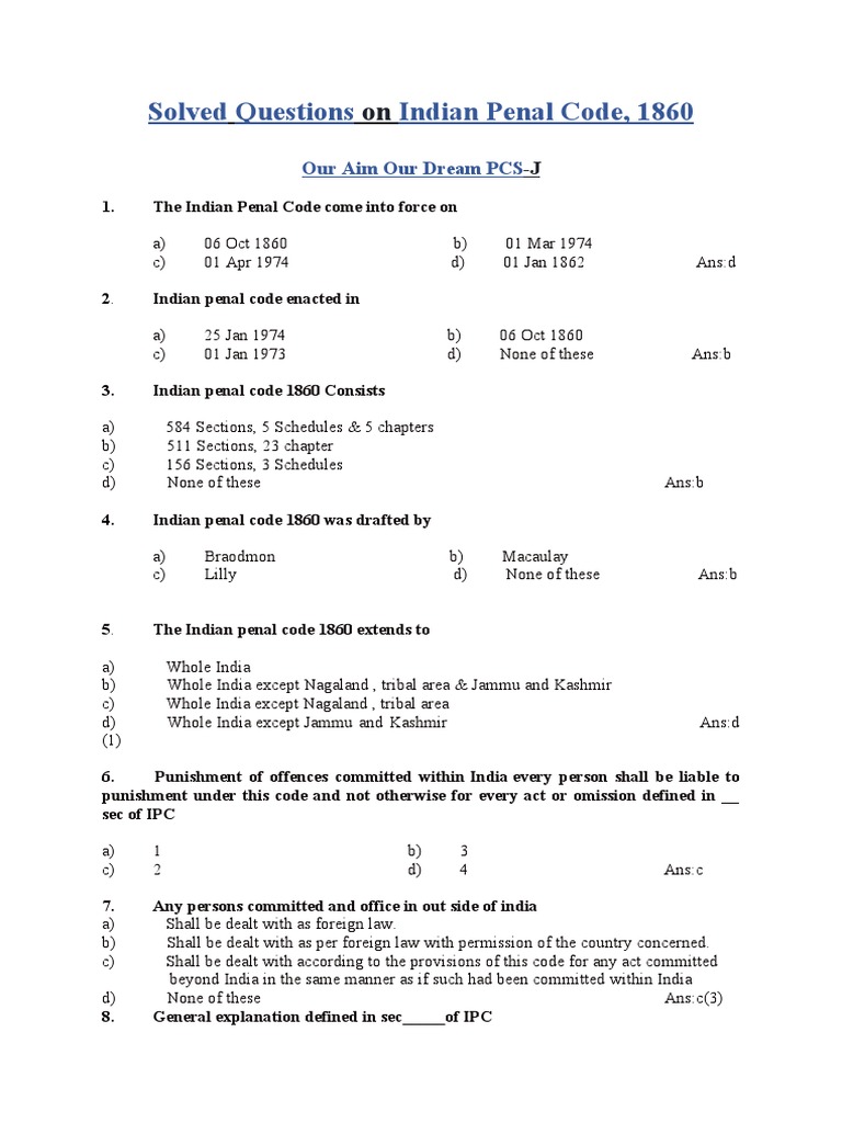 Solved Ipc Questions - Our Aim Our Dream Pcs J | PDF | Fine (Penalty ...